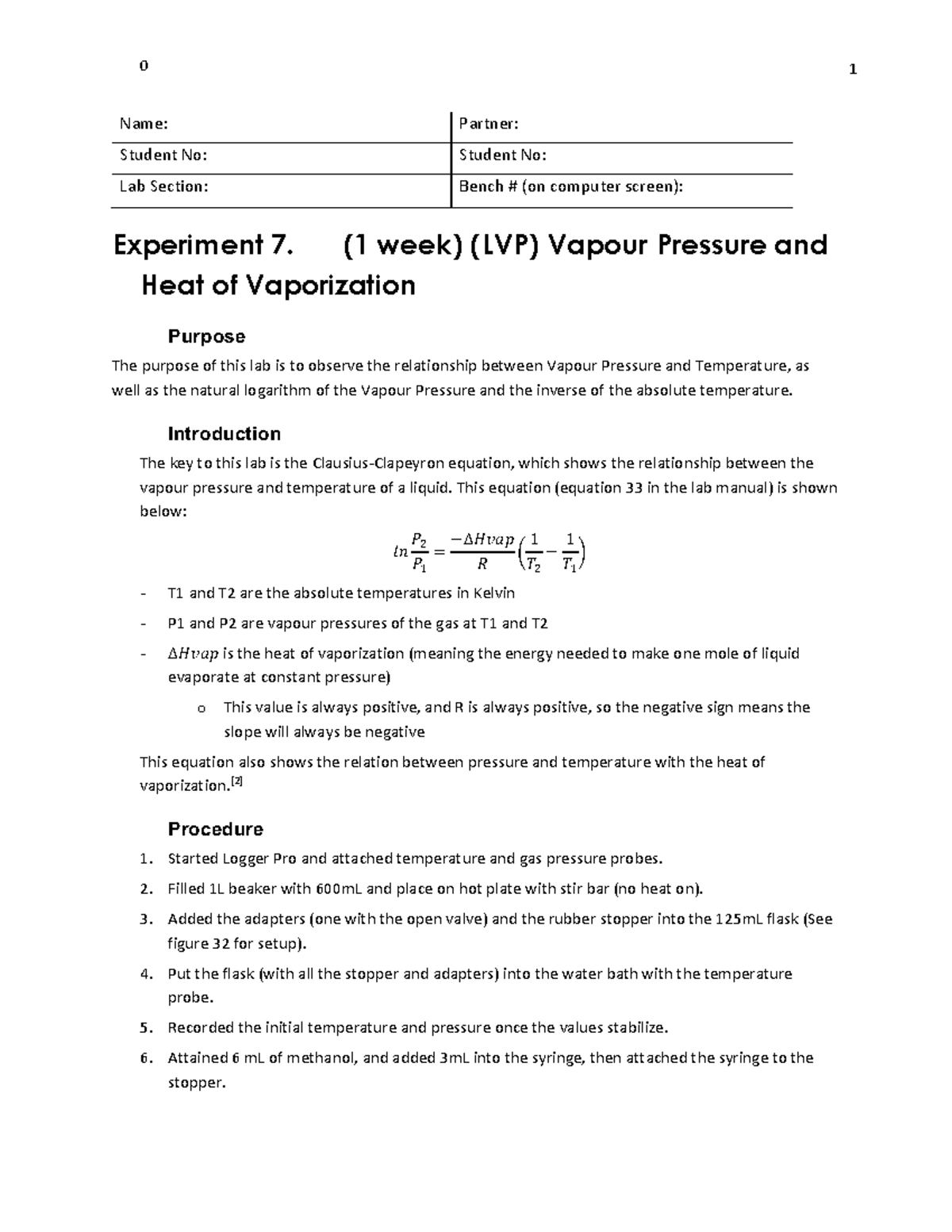 2. Vapour Pressure Lab Report - Name: Partner: Student No: Student No ...