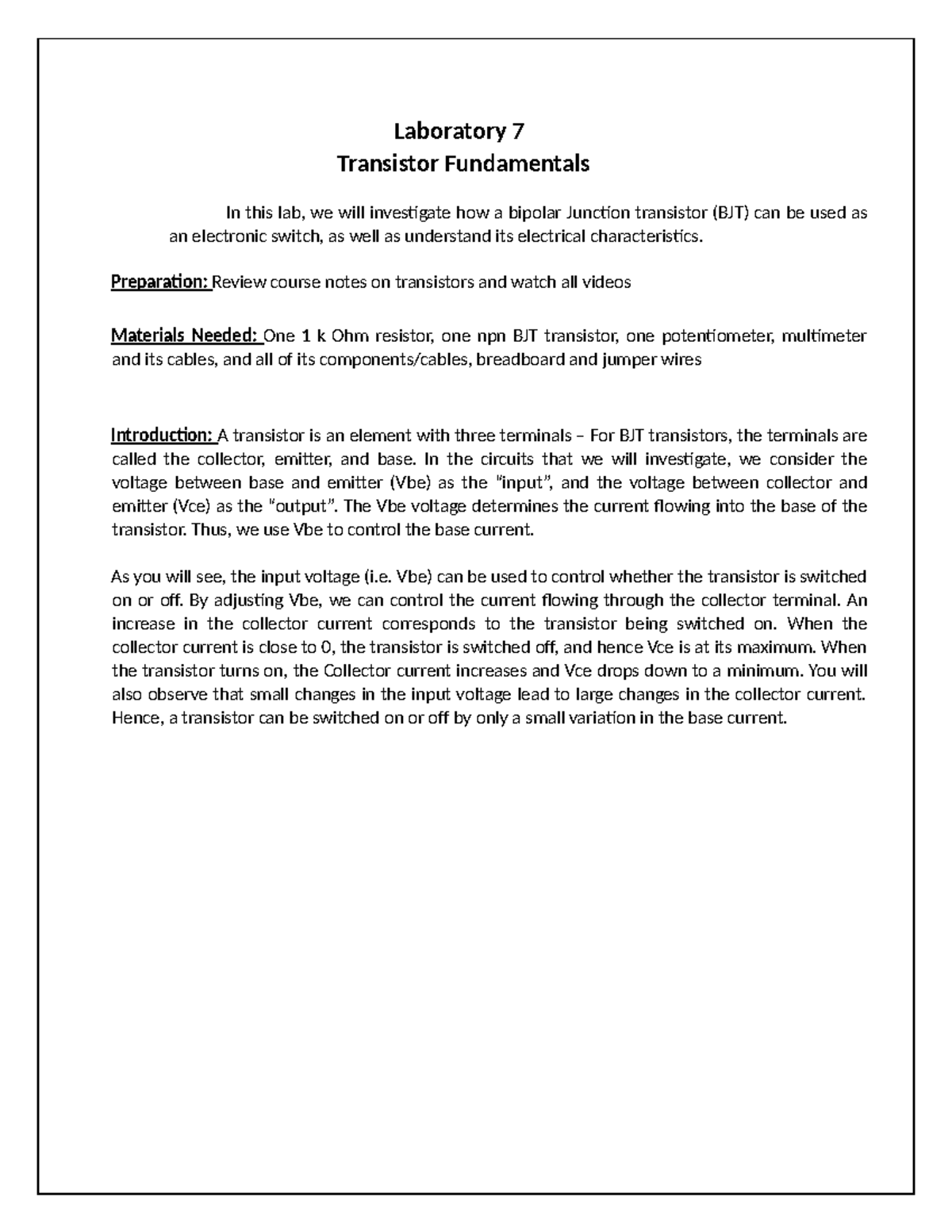 Auto Recovery save of Laboratory 7 Fall 2023 - Laboratory 7 Transistor ...