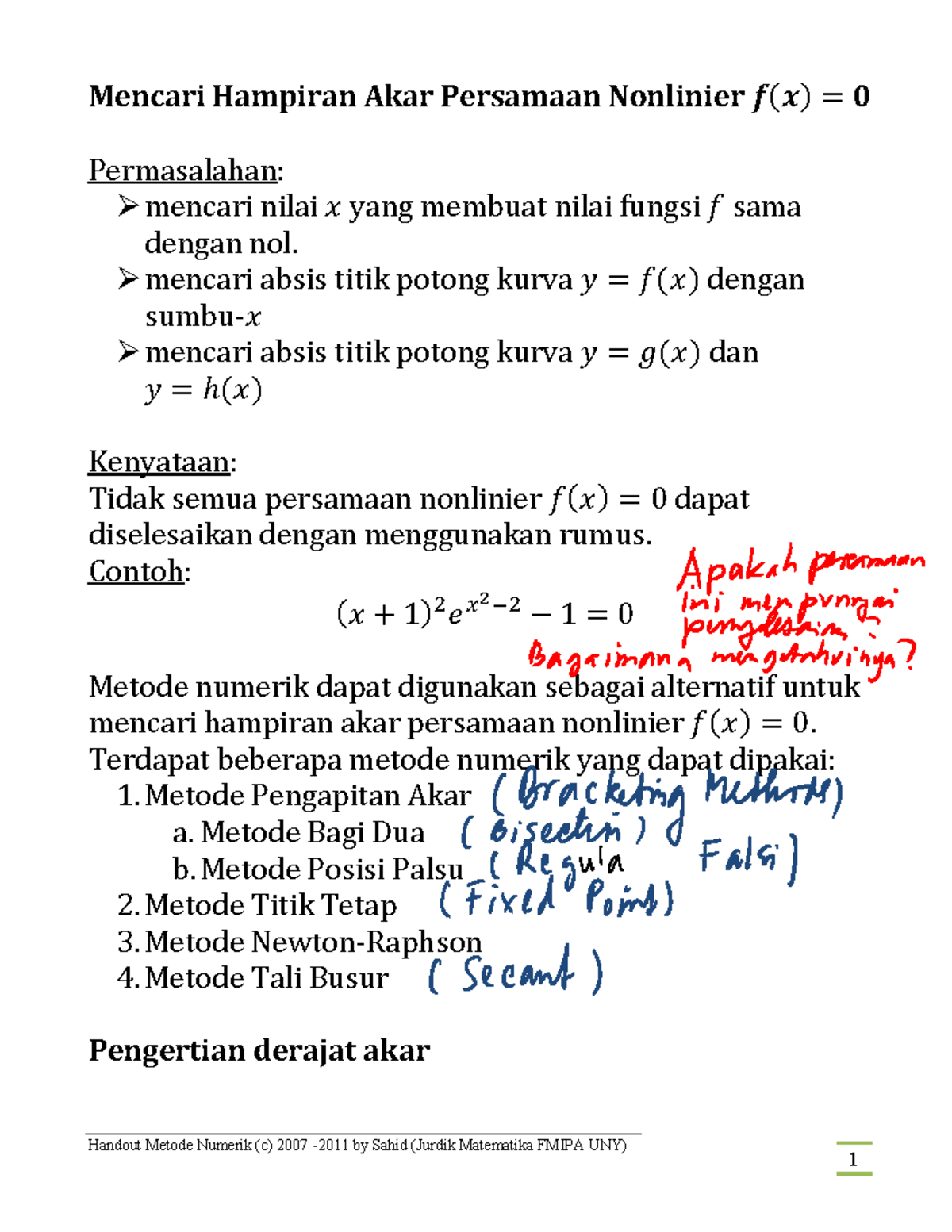 Akar Persamaa Nonlinier - Handout Metode Numerik (c) 2007 -2011 by ...