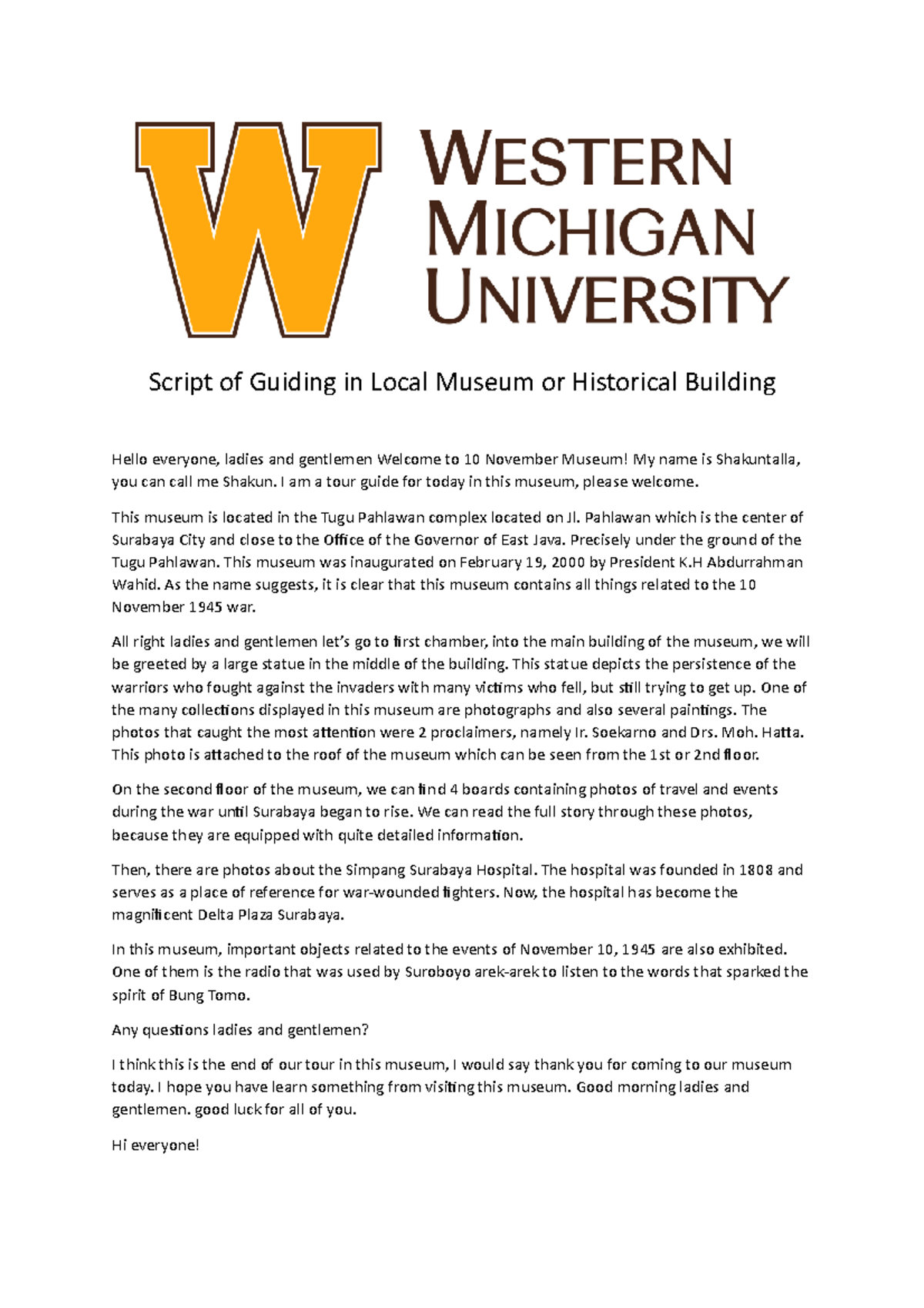 Guding tour - task - Script of Guiding in Local Museum or Historical ...