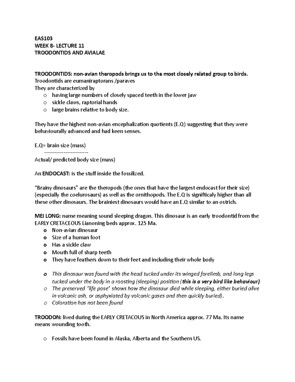 Lecture 10 - week 10 - EAS103 WEEK LECTURE 11 TROODONTIDS AND AVIALAE ...