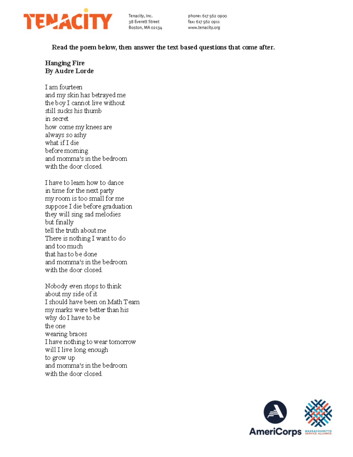 Hanging-Fire - poem - Read the poem below, then answer the text based ...