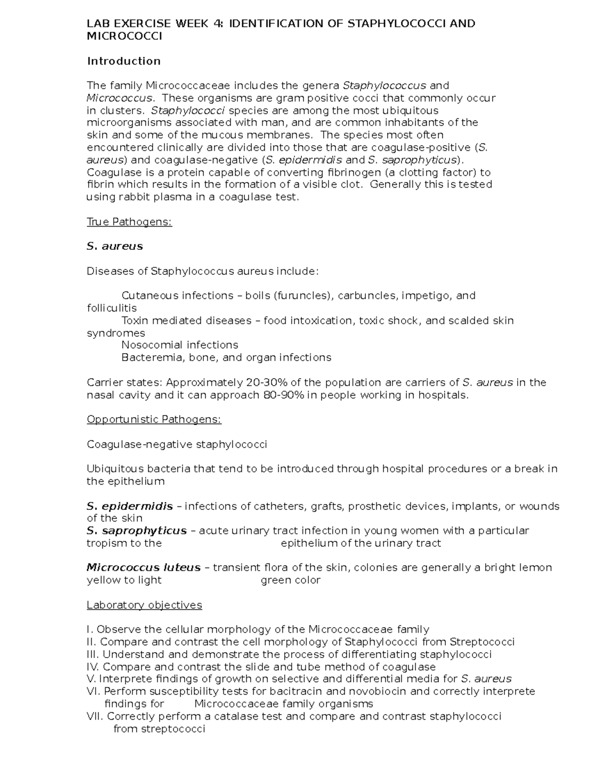 Lab Week 4 Final - LAB EXERCISE WEEK 4: IDENTIFICATION OF STAPHYLOCOCCI AND MICROCOCCI ...