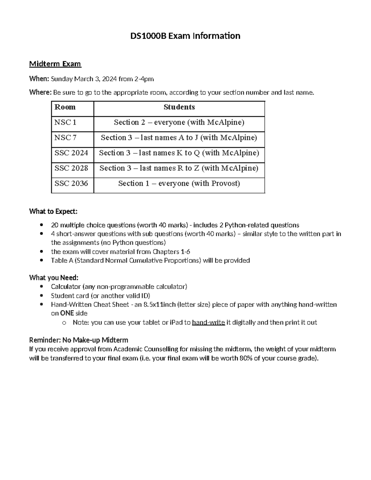 Midterm & Final Exam Information for DS1000B - DS1000B Exam Information Midterm Exam When ...