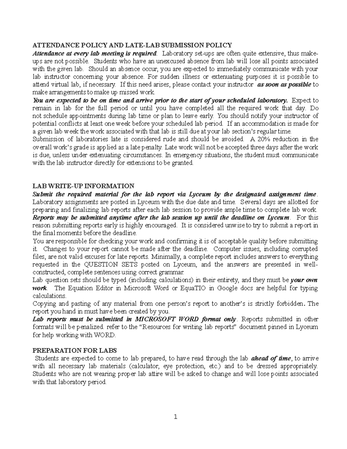 General lab policies - Important outlines for the class - ATTENDANCE ...