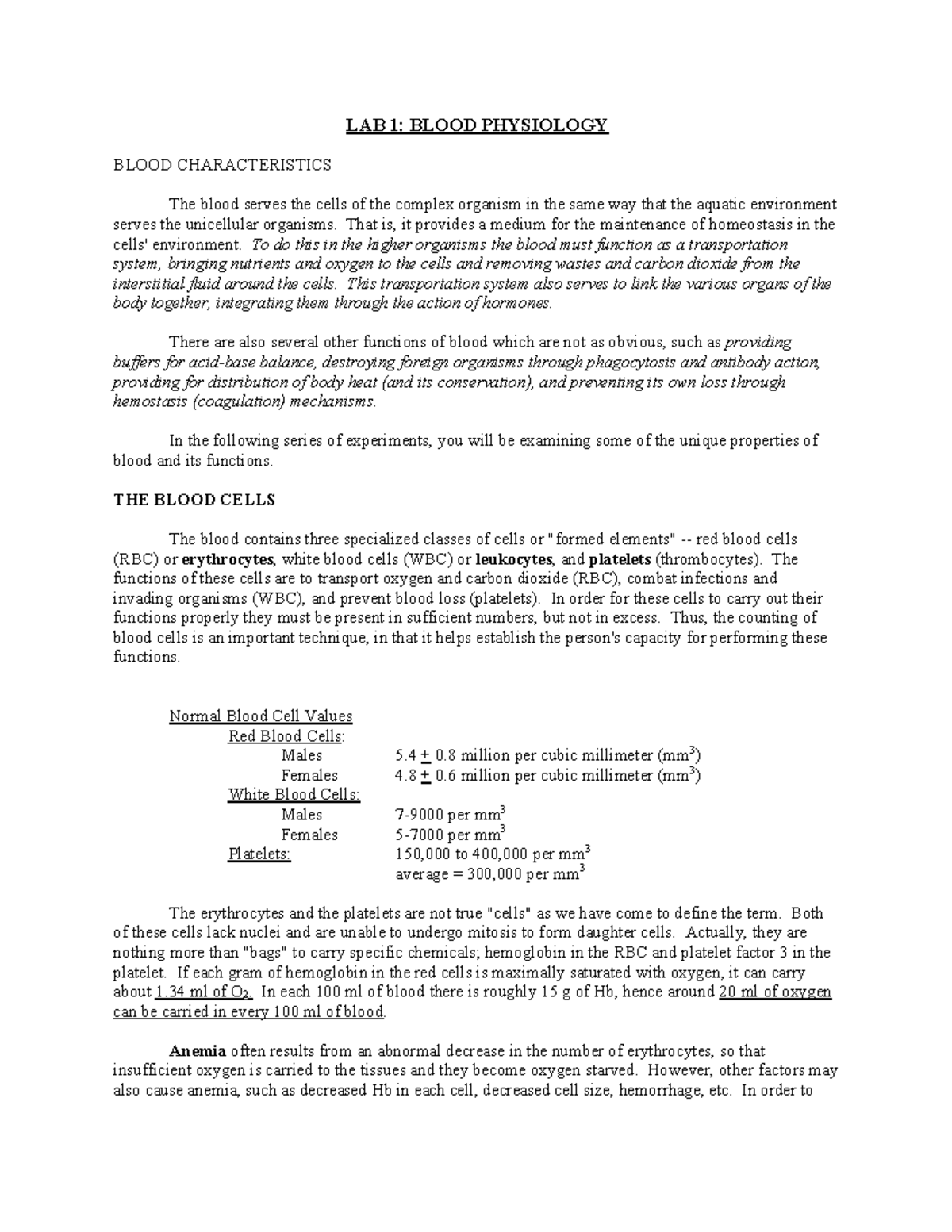 Lab 1 Hematology - Description of what is expected for Lab 1 - LAB 1 ...
