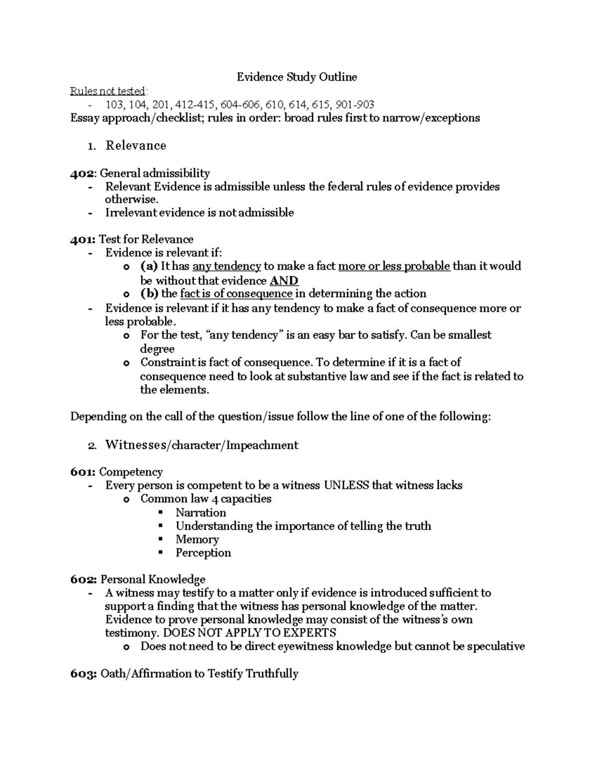 Evidence Study Outline - Evidence Study Outline Rules not tested: 103 ...