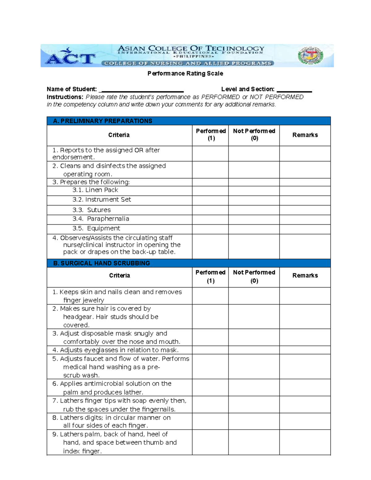 Primary Services Unit - Performance Rating Scale Name of Student ...