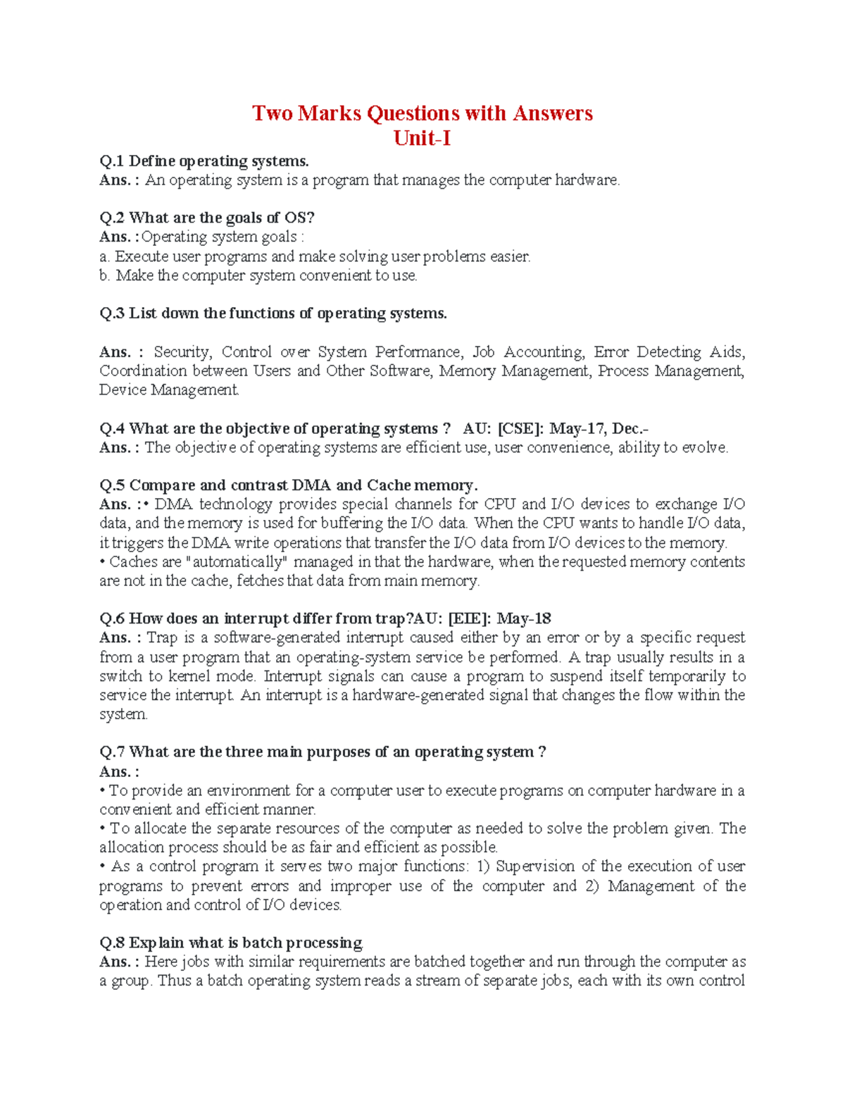 Two Marks Questions with Answers - Two Marks Questions with Answers Unit-I Q Define operating ...