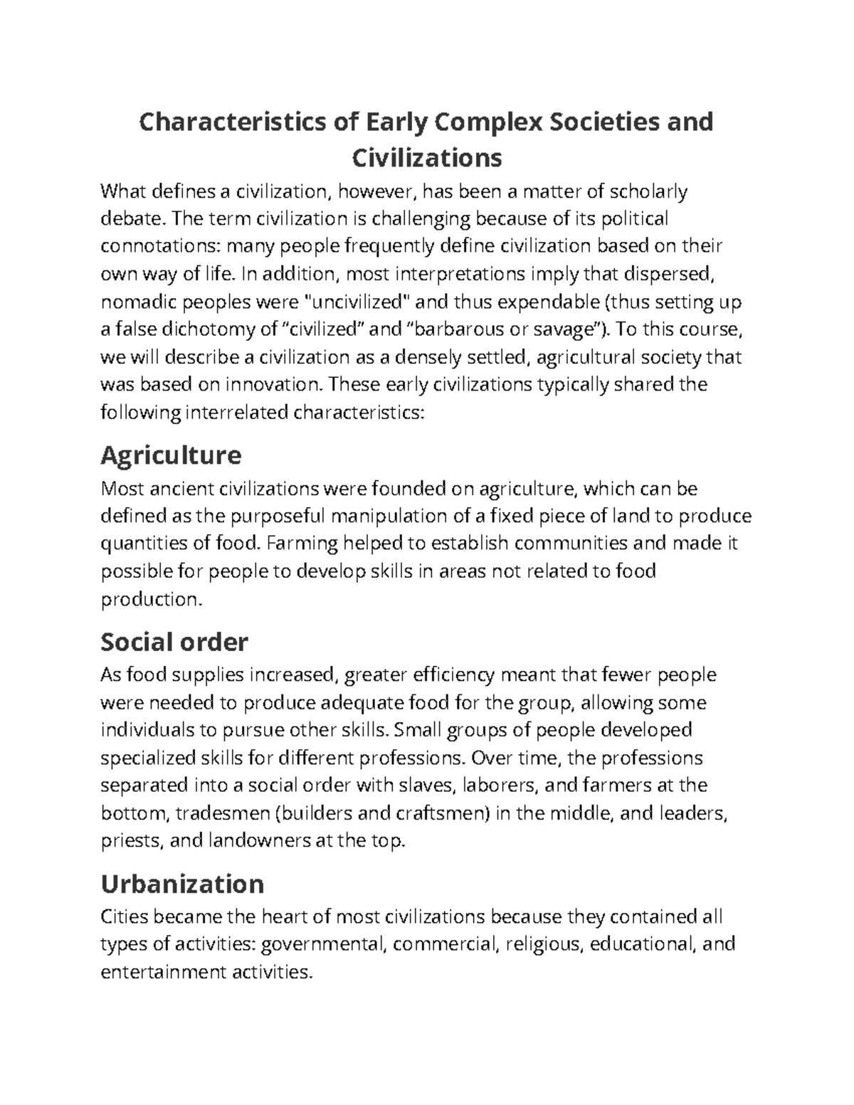 Characteristics of Early Complex Societies and Civilizations ...