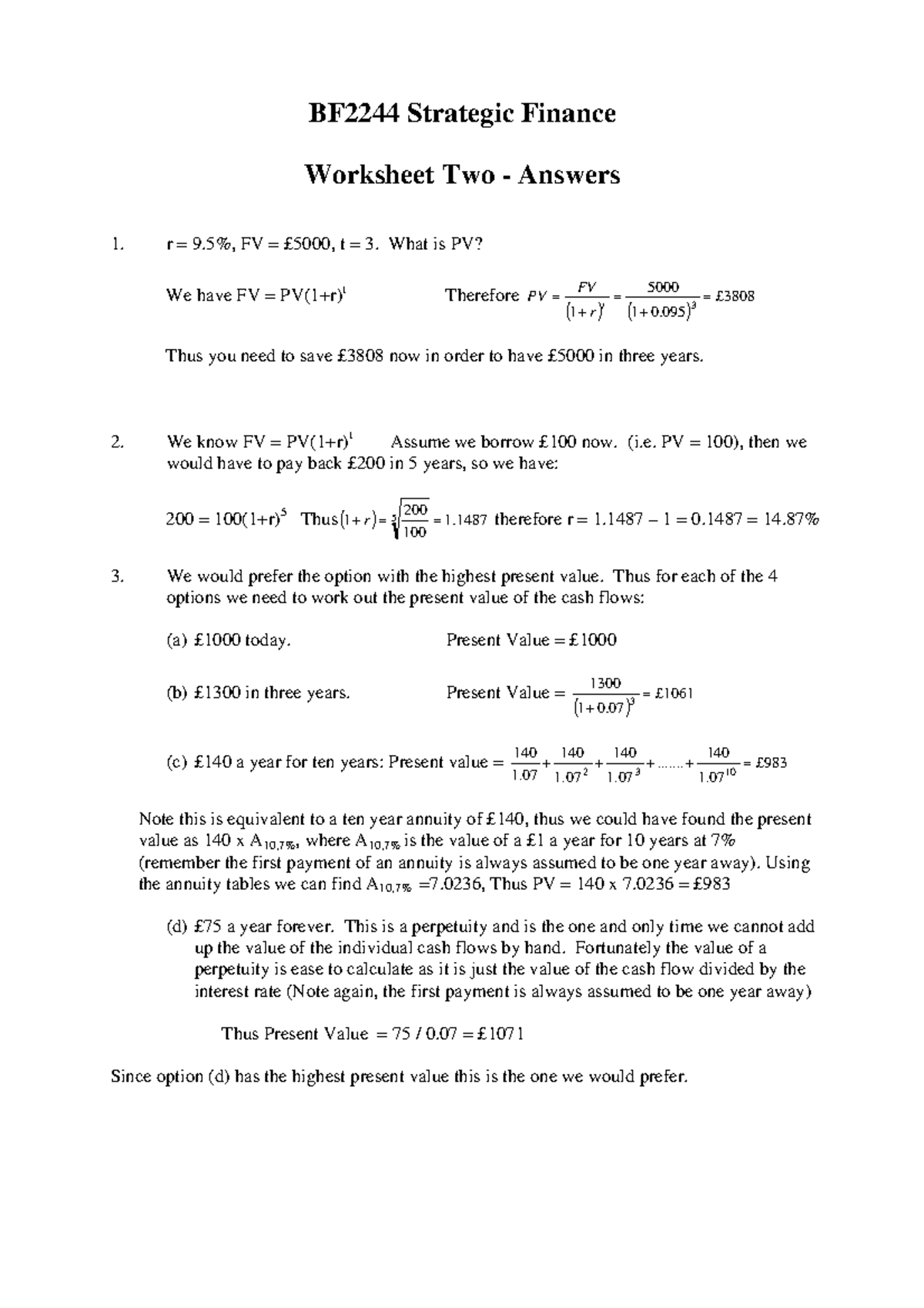 SF Worksheet Two Answers - BF2244 Strategic Finance Worksheet Two ...
