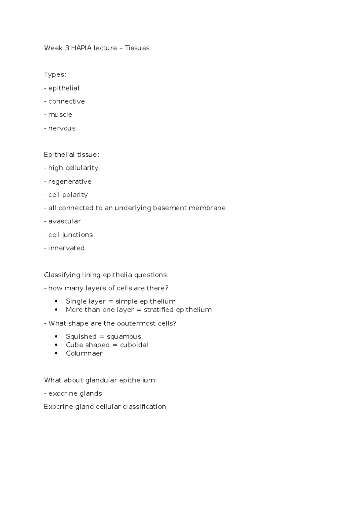 Week 3 Hapia lecture - Tissues - Week 3 HAPIA lecture – Tissues Types ...