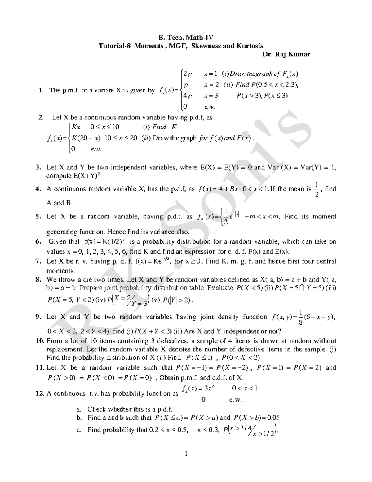 Tutorial 6 Math IV MGF Kurtosis July 22 contains assignment and ...