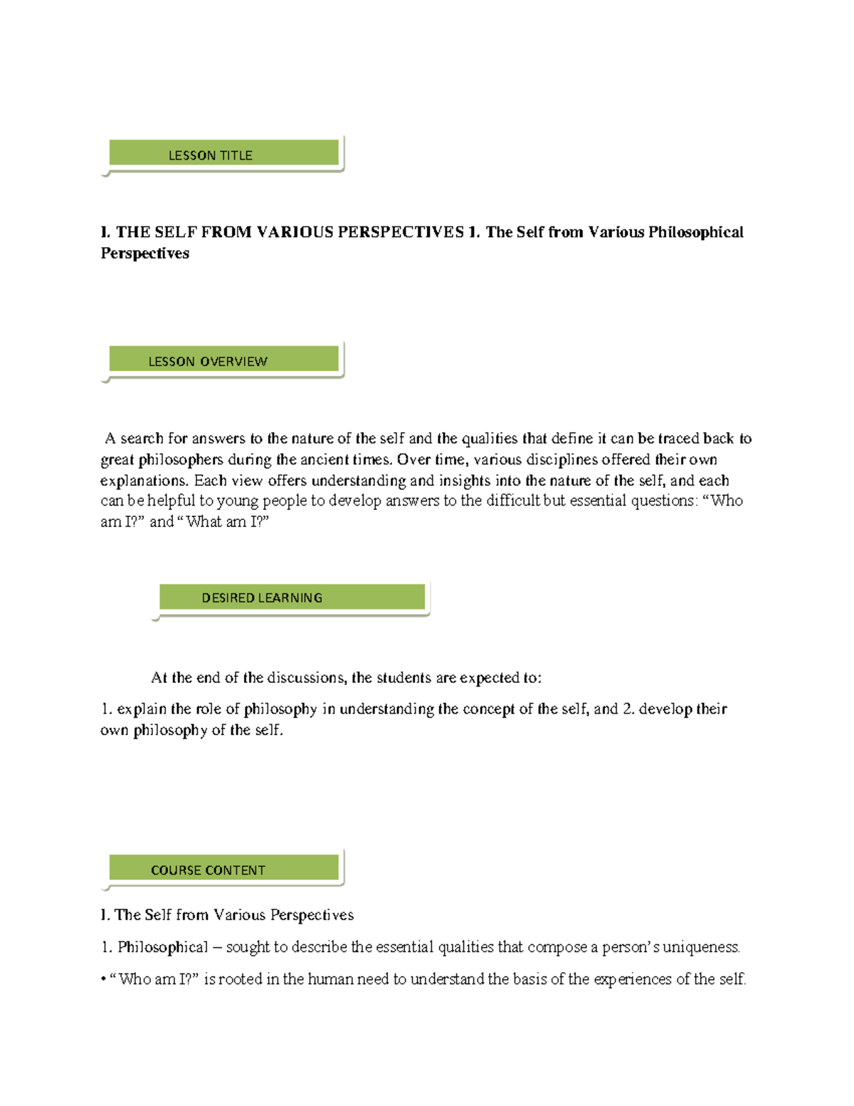 Understanding THE SELF Lesson 1 - I. THE SELF FROM VARIOUS PERSPECTIVES ...