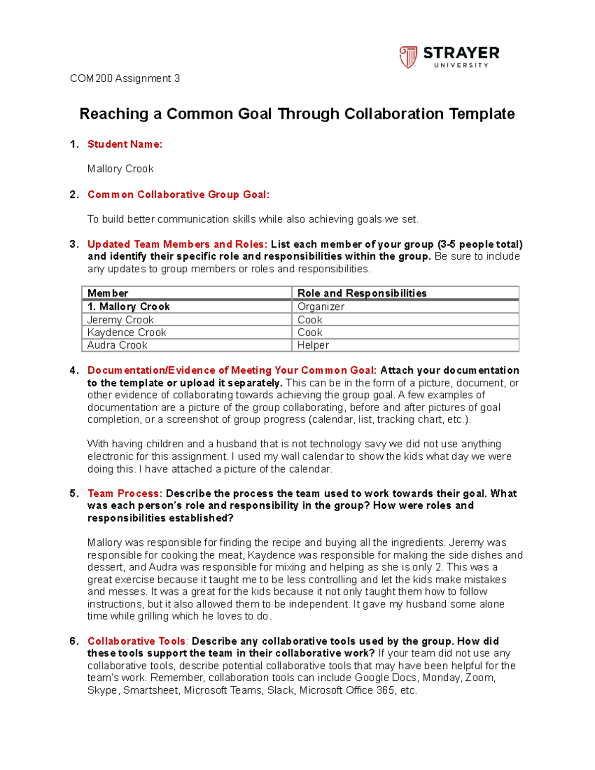 Week 6 assignment - n/a - COM200 Assignment 3 Reaching a Common Goal ...