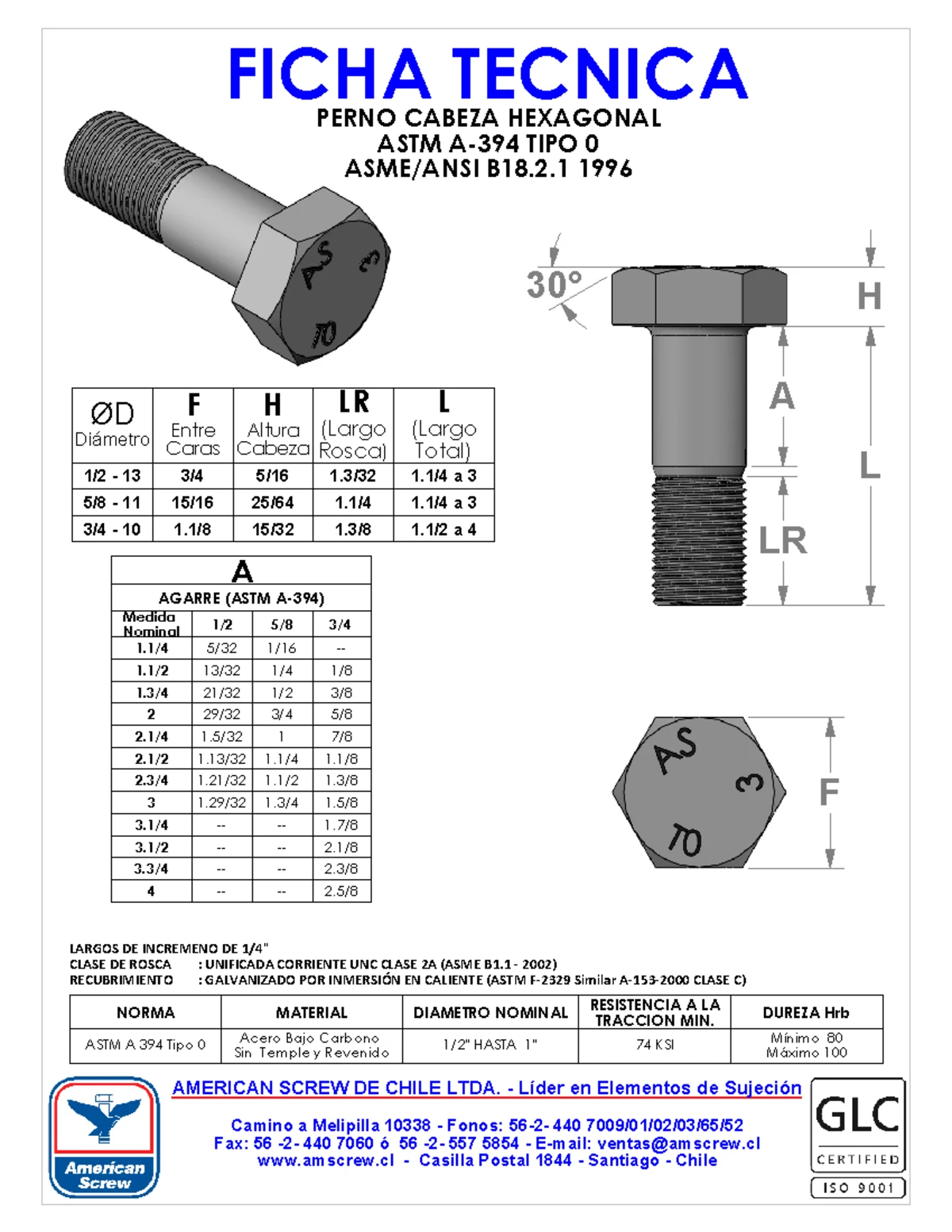 Ficha Tecnica Perno Estructural ASTM A-490 TIPO 1 - F 30° H LR L PERNO ESTRUCTURAL CABEZA ...