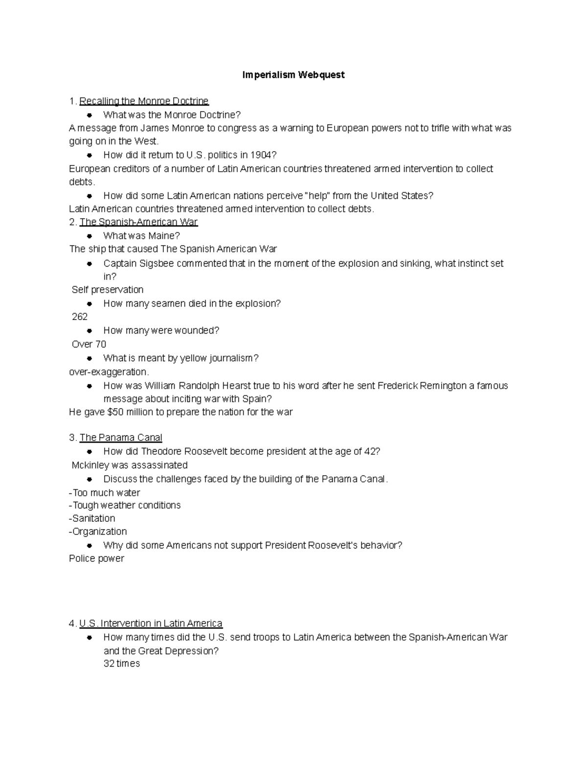 US Imperialism Webquest - Imperialism Webquest Recalling the Monroe ...