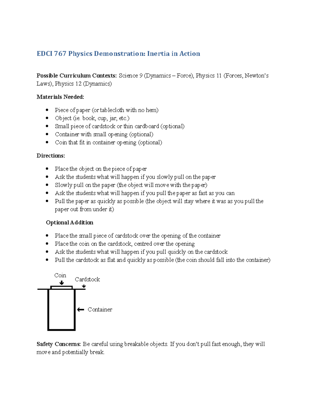 Inertia In action demo - Proven Demonstrations - EDCI 767 Physics ...