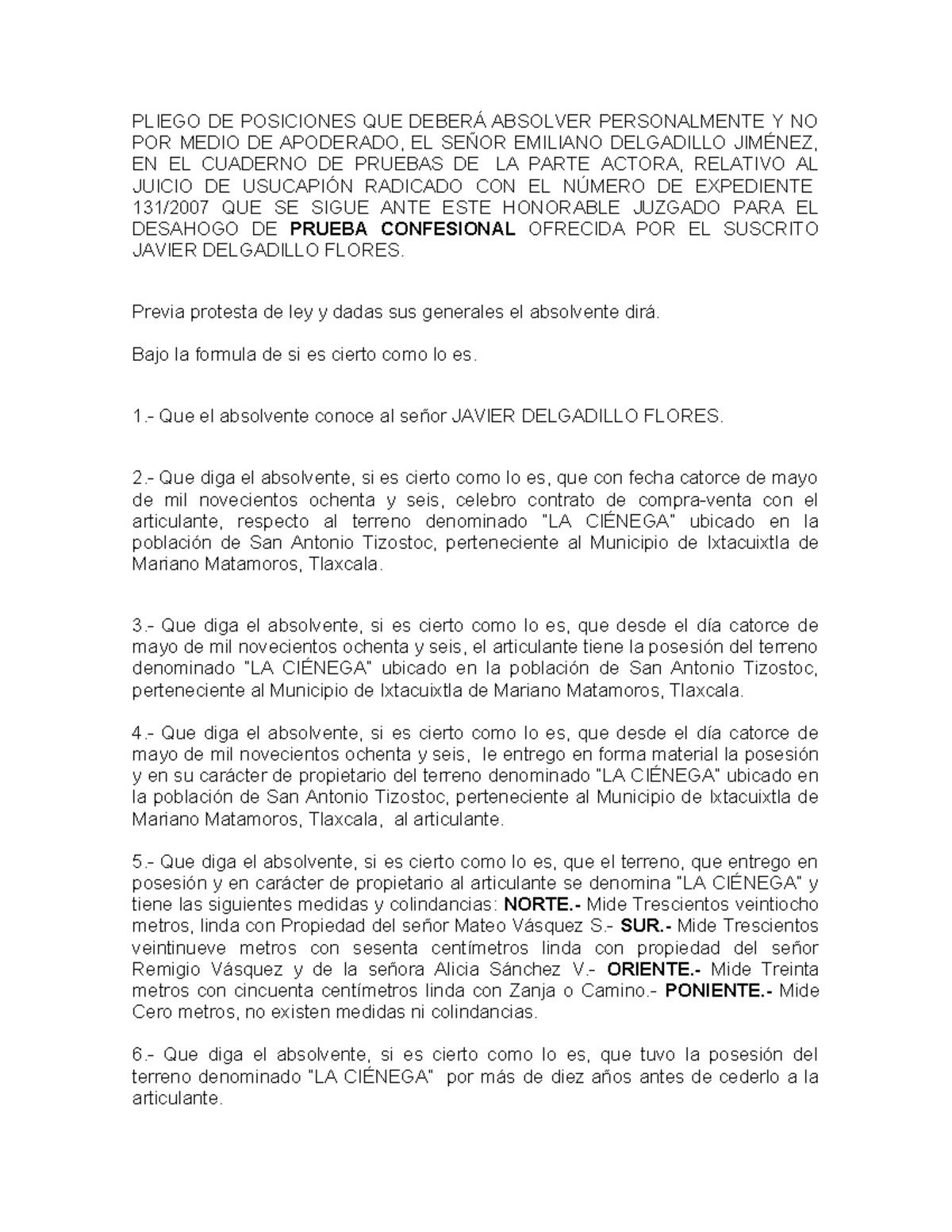 Pliego DE Posiciones Ejemplo - PLIEGO DE POSICIONES QUE DEBERÁ ABSOLVER PERSONALMENTE Y NO POR ...