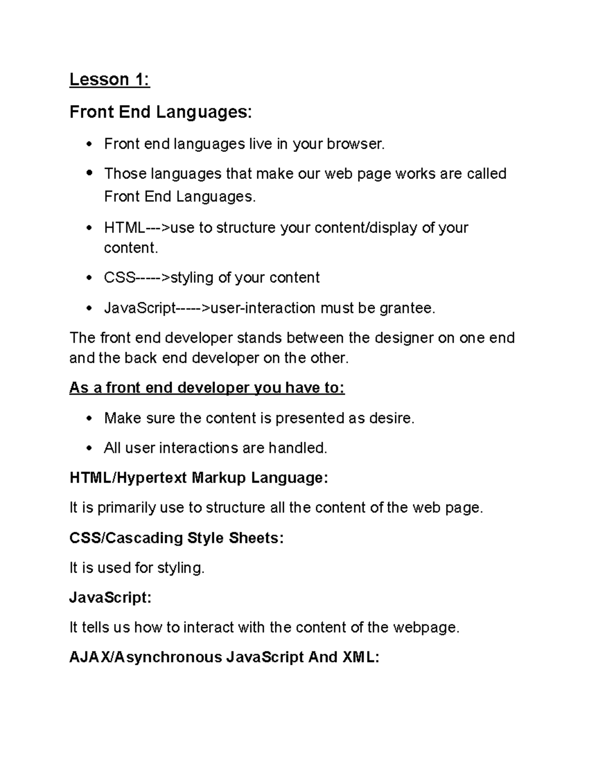 Lesson 1-14 CS202 - Lesson 1: Front End Languages: Front end languages ...