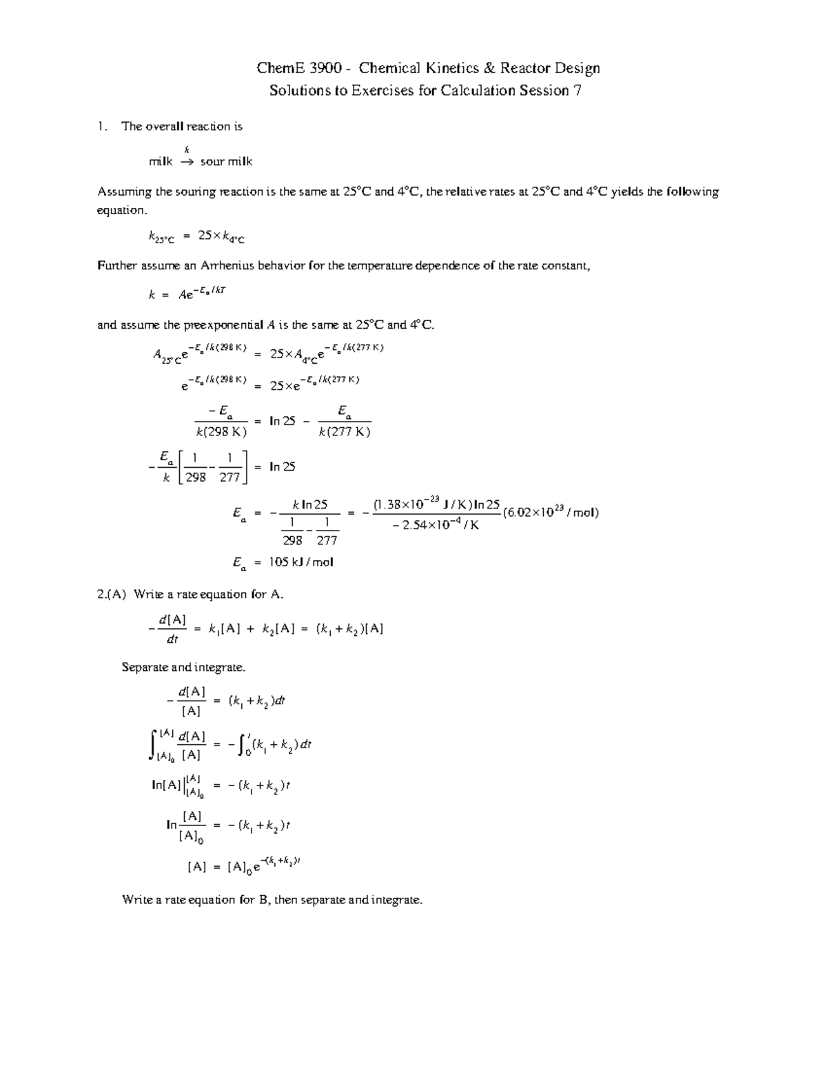 Calc Session 7soln - finding the activation energy and Arrhenius, pre ...