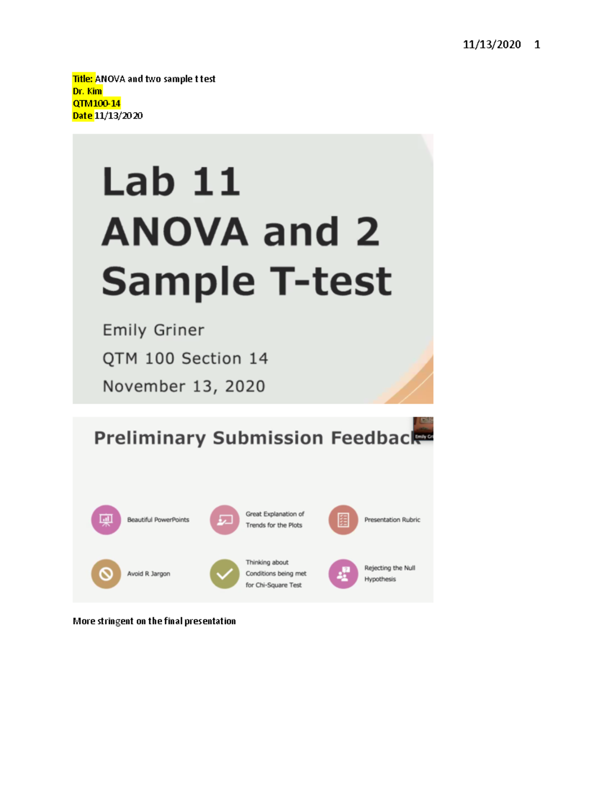 QTM100-14 KIM 11132020 - Title: ANOVA and two sample t test Dr. Kim ...
