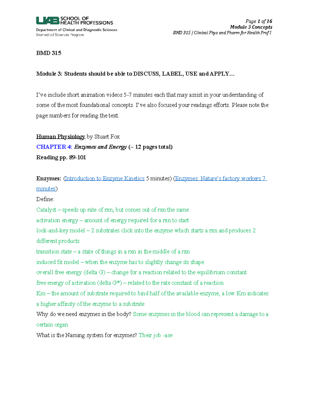 BMD315 Module 3 objectives-reading list - Module 3 Concepts BMD 315 ...