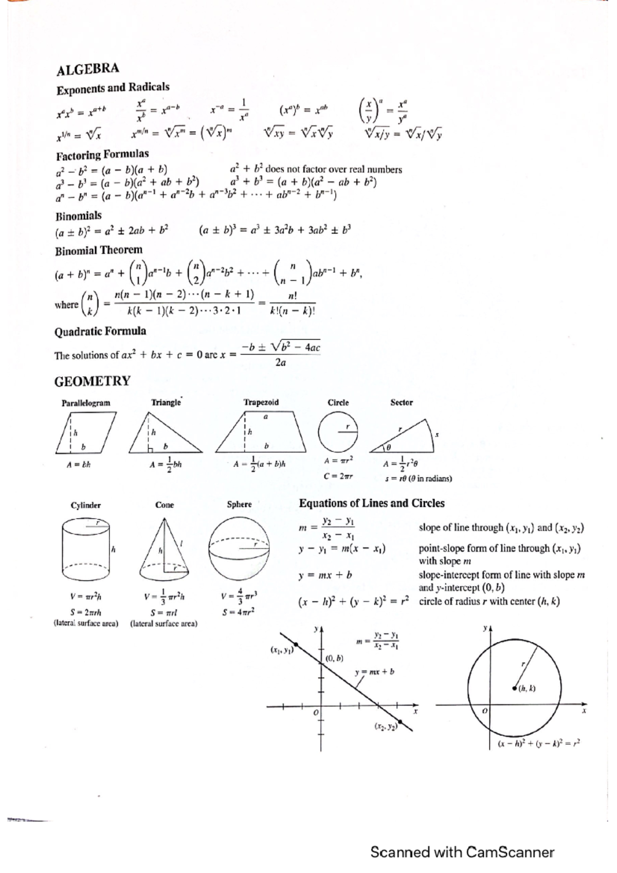Common Formulas - Jack O'Brien - MATH 113 - Studocu