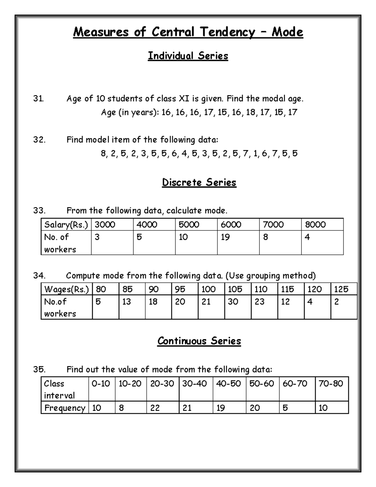 Mode - Measures of Central Tendency – Mode Individual Series Age of 10 ...