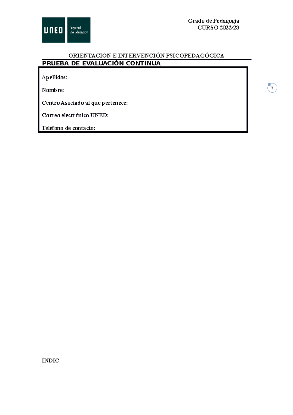 Orientación e Intervención PEC - 7 Grado de Pedagogía CURSO 2022 ...