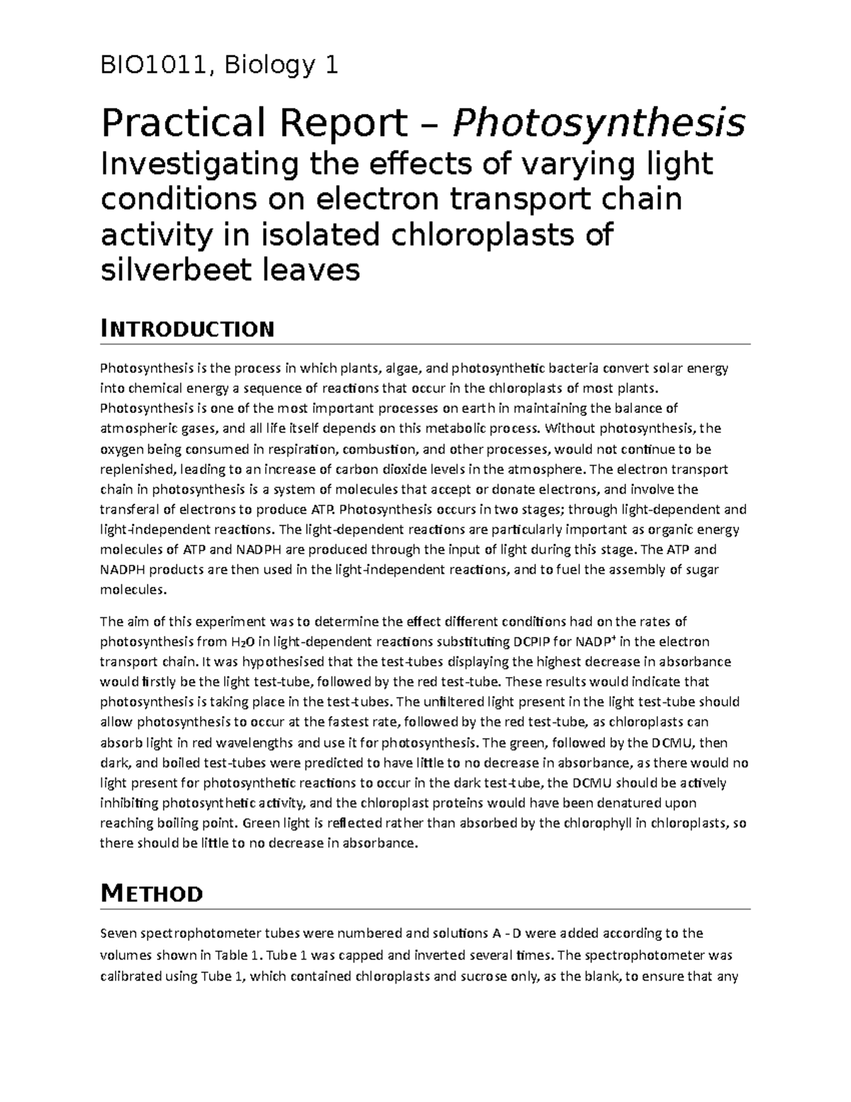 Photosynthesis Prac Report - BIO1011, Biology 1 Practical Report ...