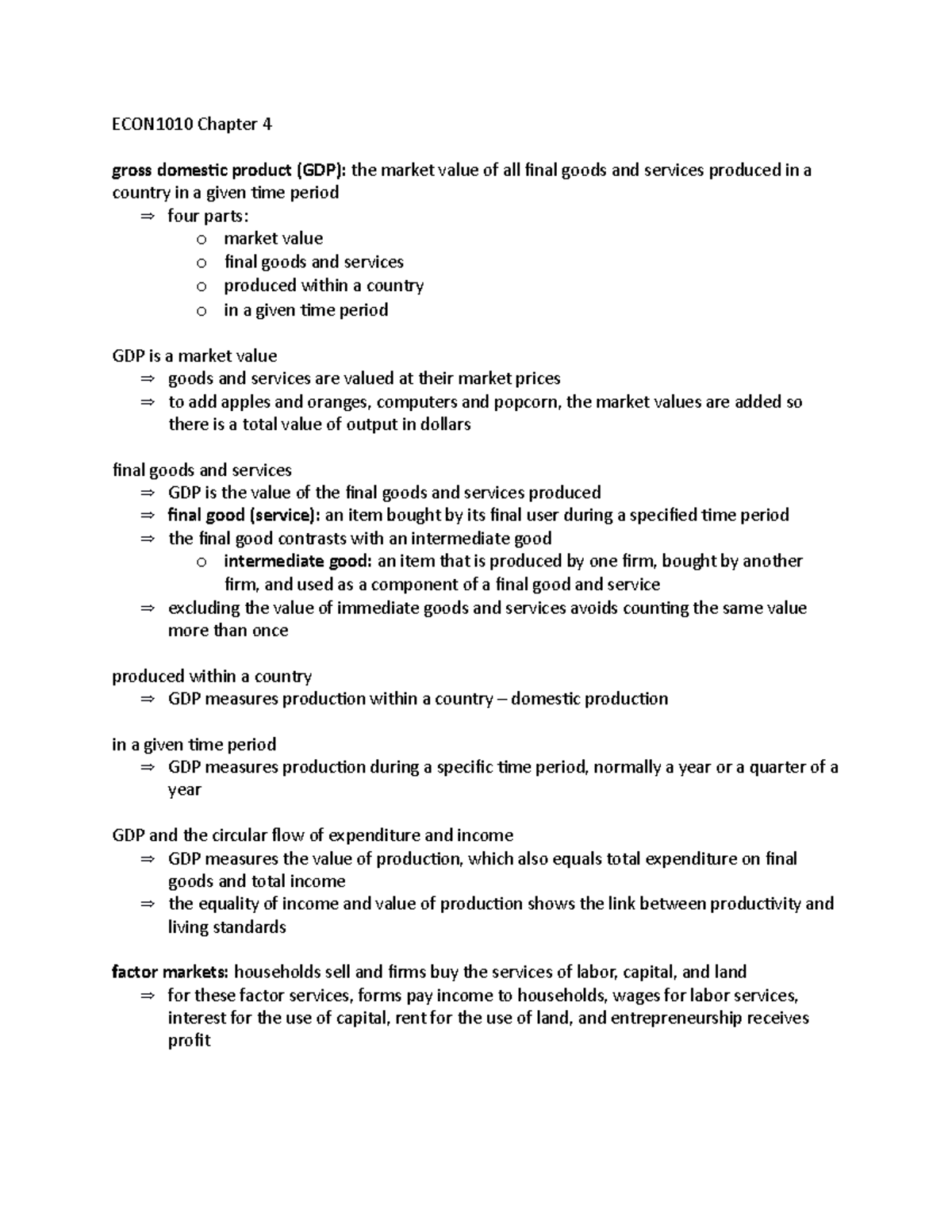 ECON1010 Chapter 4 Notes - ECON1010 Chapter 4 gross domestic product ...