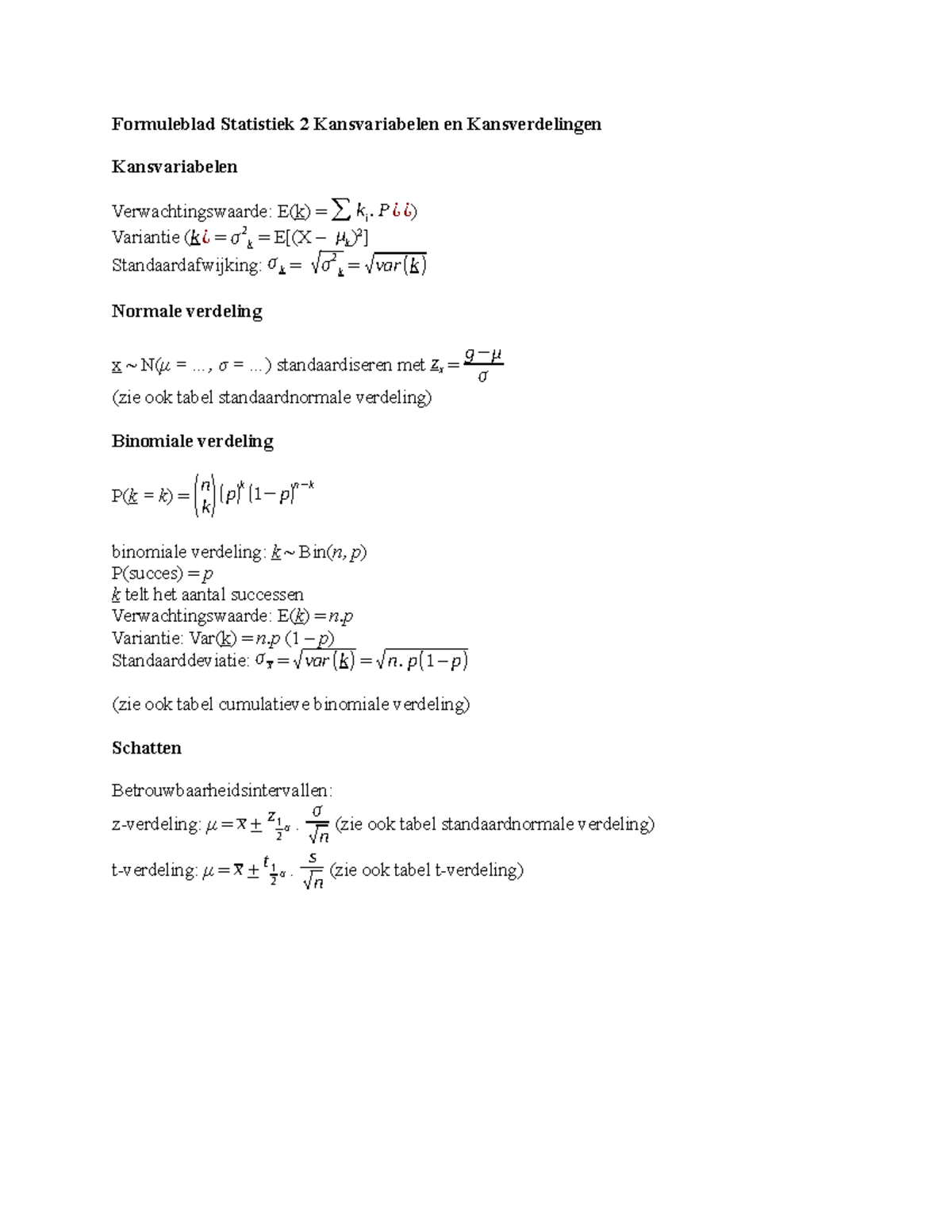 Formuleblad Stat 2 - Formules - Formuleblad Statistiek 2 Kansvariabelen ...