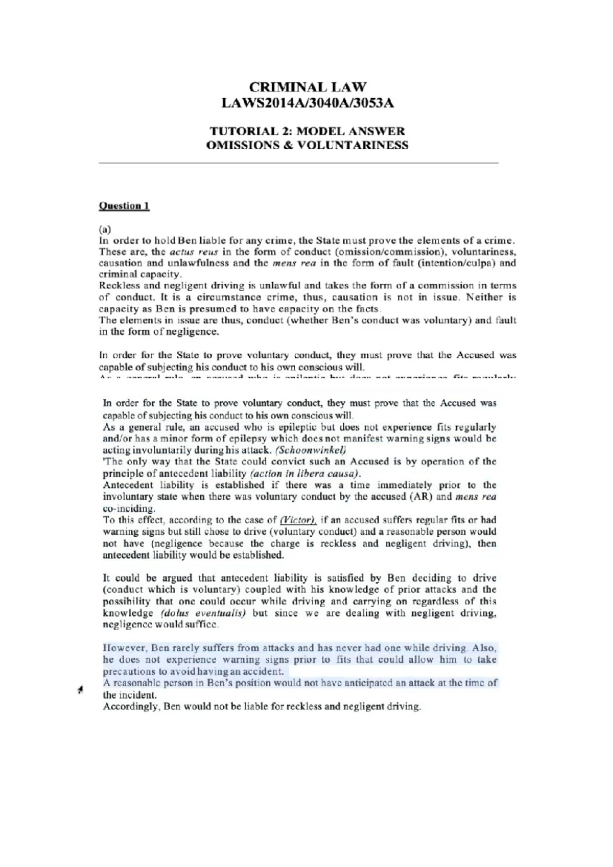 Tutorial 2 - Ommission and Answer - CRIMINAL LAW TUTORIAL 2: MODEL ANSWER OMISSIONS ...