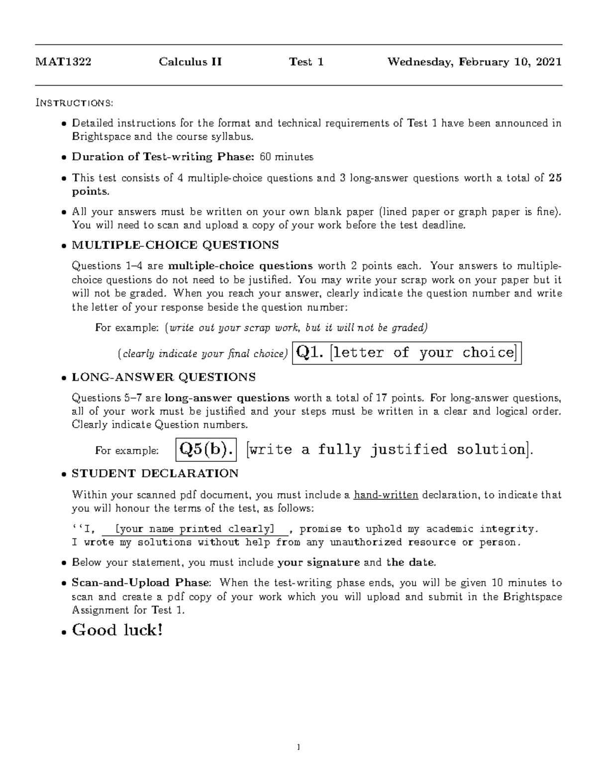 MAT1322 PM Test1 2 - Midterm - MAT1322 Calculus II Test 1 Wednesday ...