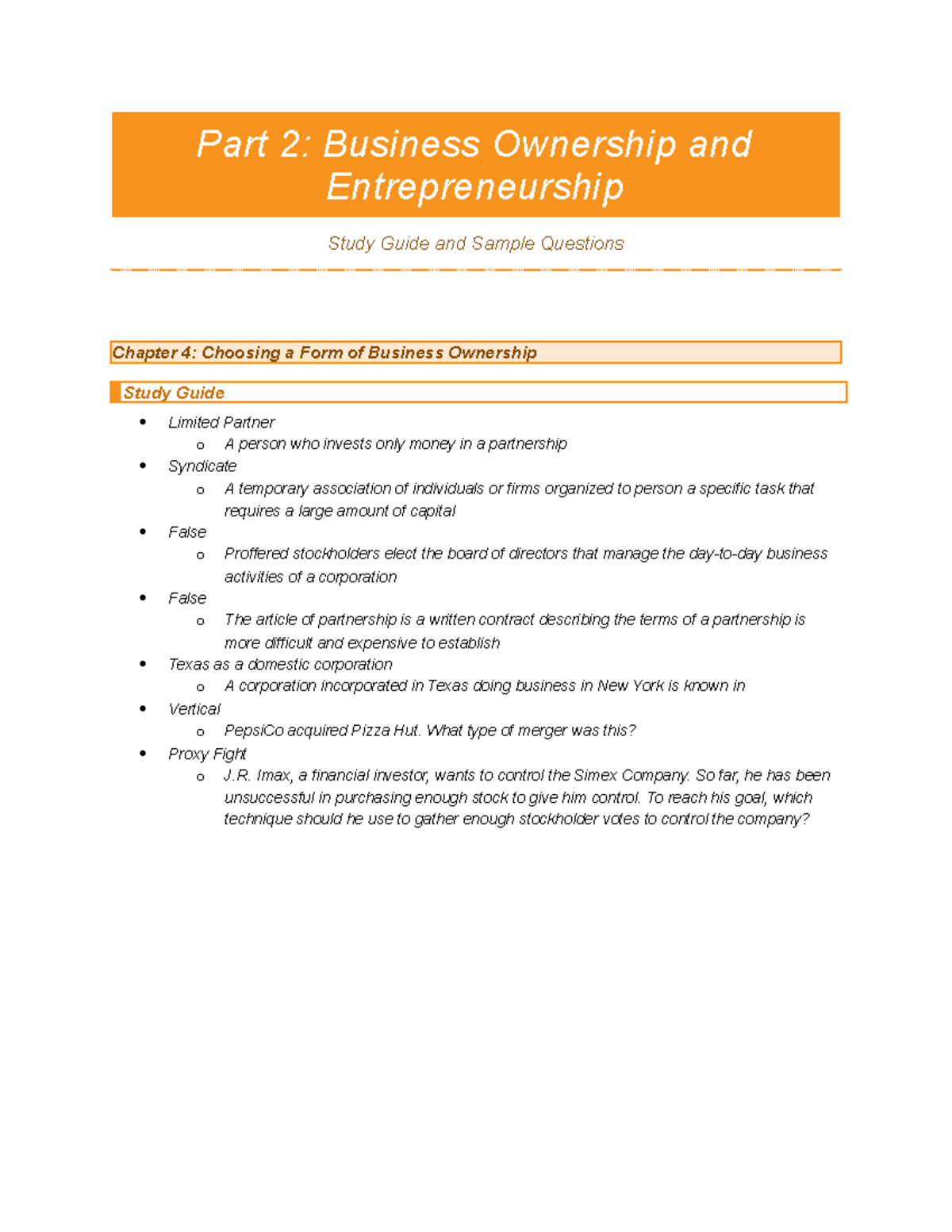 Part 2 - Study Guide and Sample Questions - Part 2: Business Ownership ...