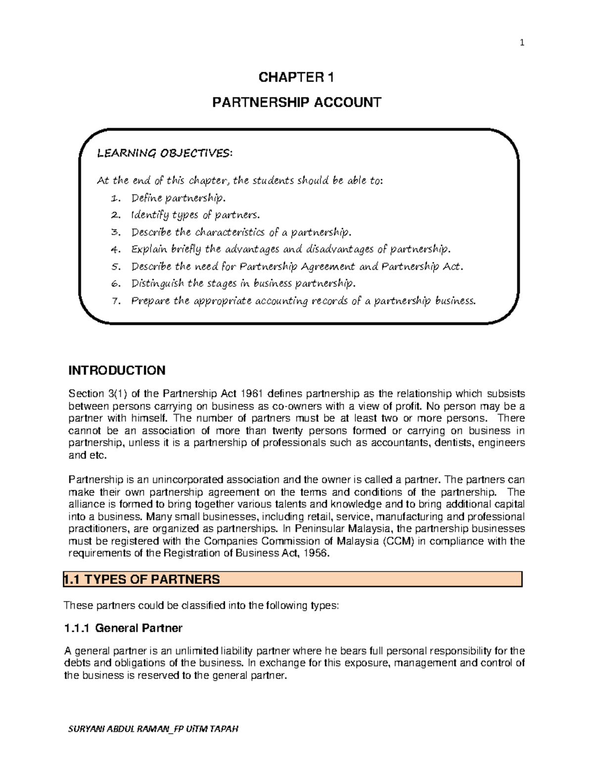 Study Guide Chapter 1 Partnership - CHAPTER 1 PARTNERSHIP ACCOUNT INTRODUCTION Section 3(1) of ...