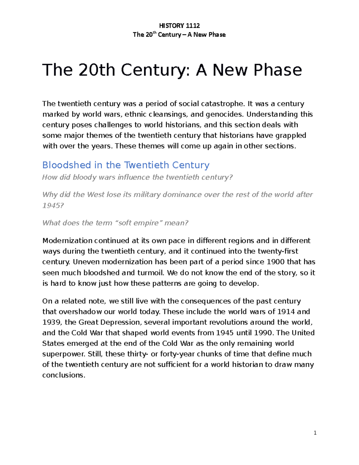 HIST 1112 - The 20th Century - A New Phase - The 20th Century – A New ...