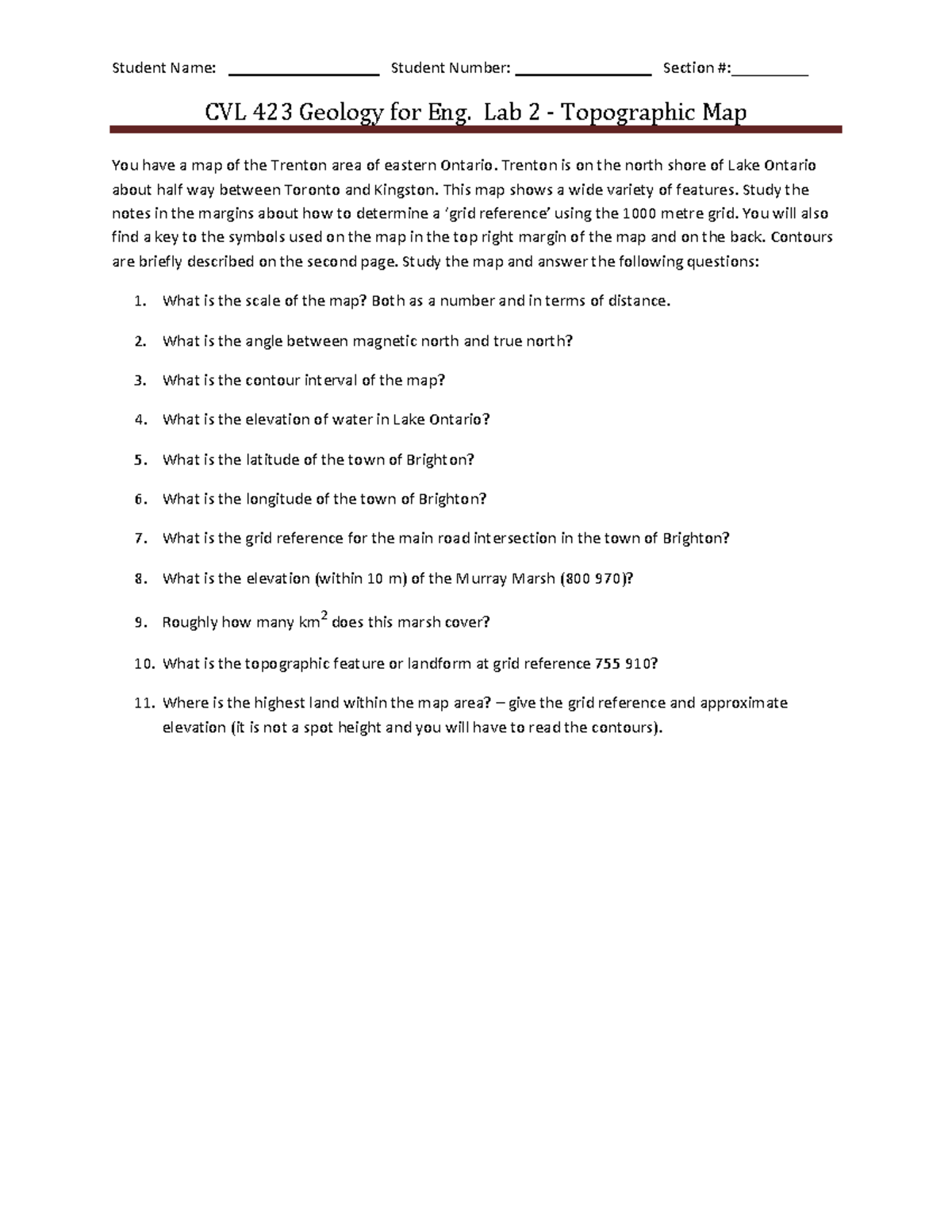 Lab 2 Topographic map Exercise - Student Name: Student Number: Section ...