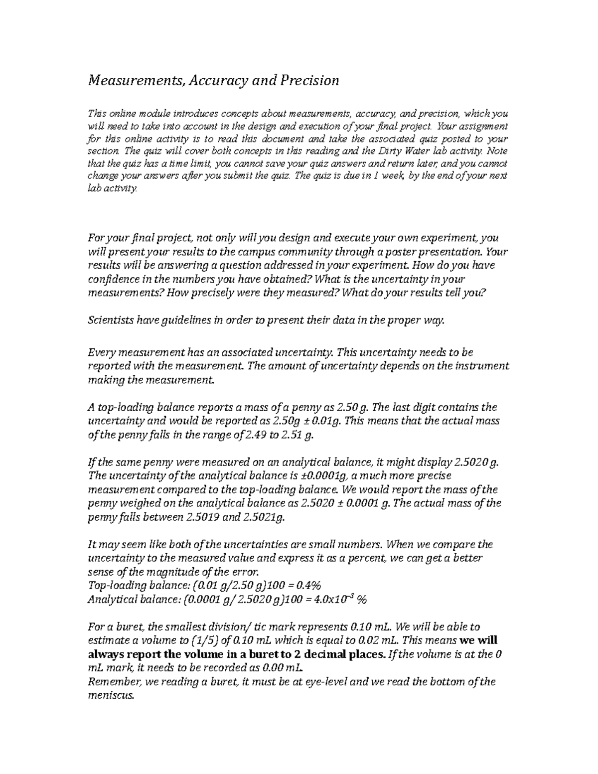 Measurements for first lab - Measurements, Accuracy and Precision This ...
