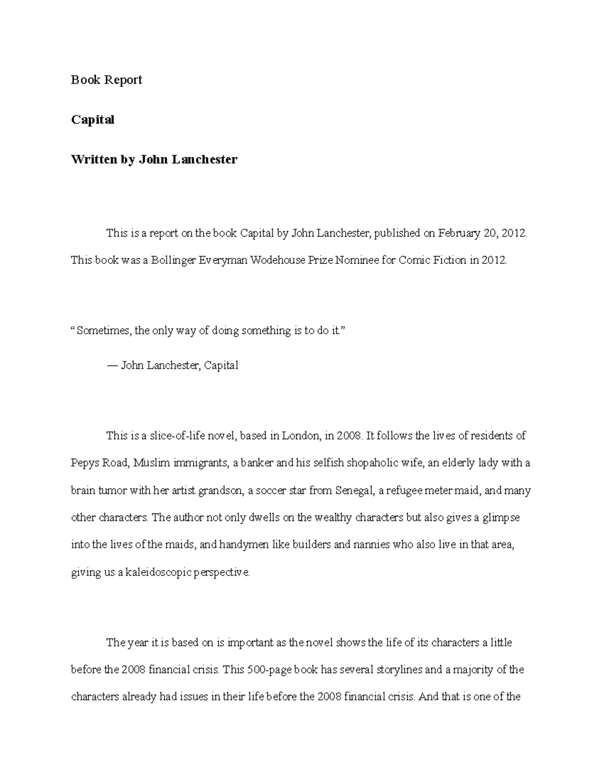 Book Report - Persuasion book rep - Book Report Capital Written by John ...