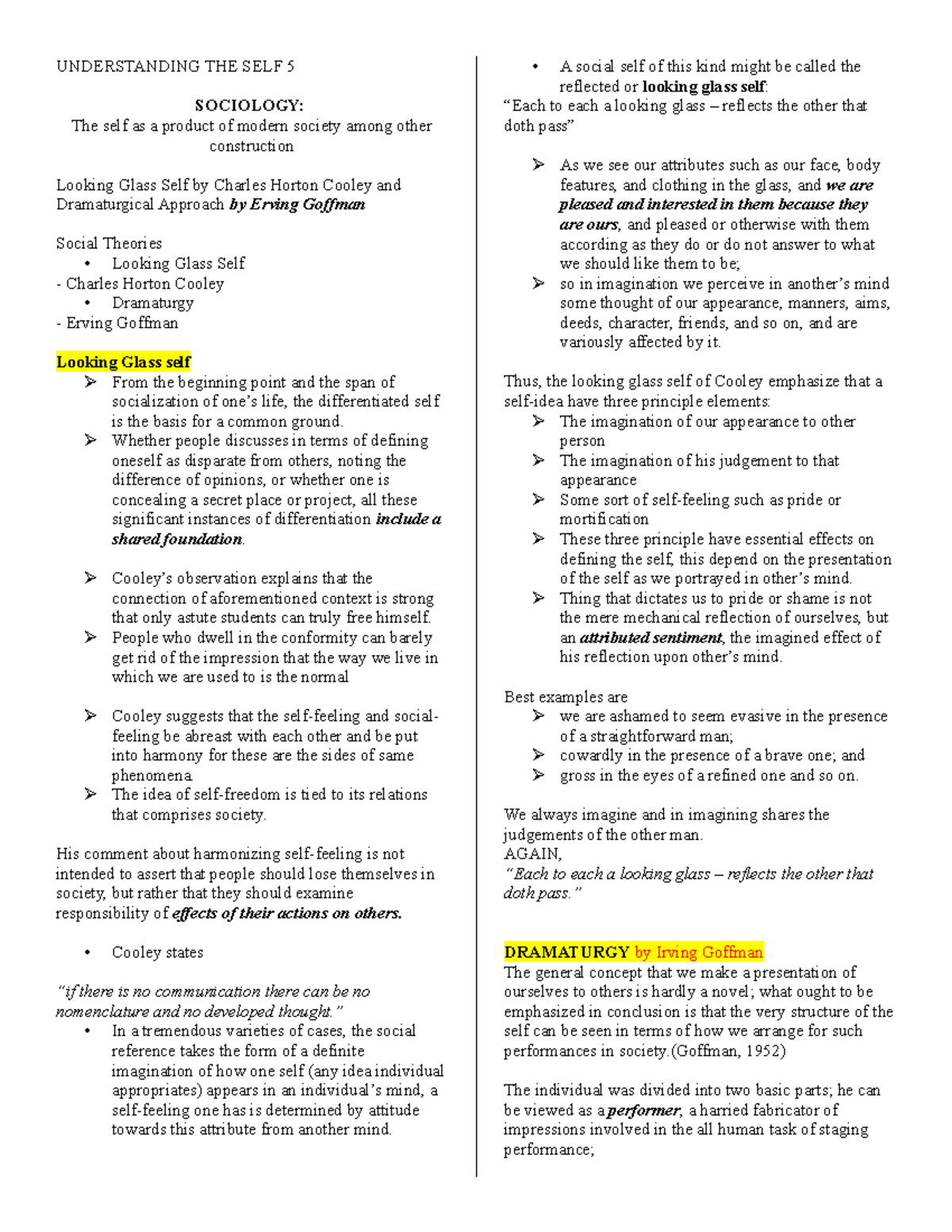 UTS - Looking Glass Self, Dramaturgy Lesson 5 - UNDERSTANDING THE SELF ...