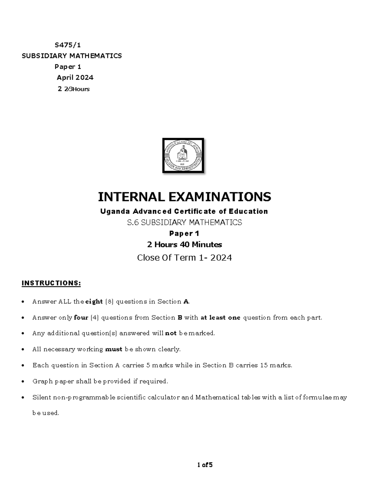 S.6 Sub-Math Paper COT1 -2024 - S475/ SUBSIDIARY MATHEMATICS Paper 1 ...