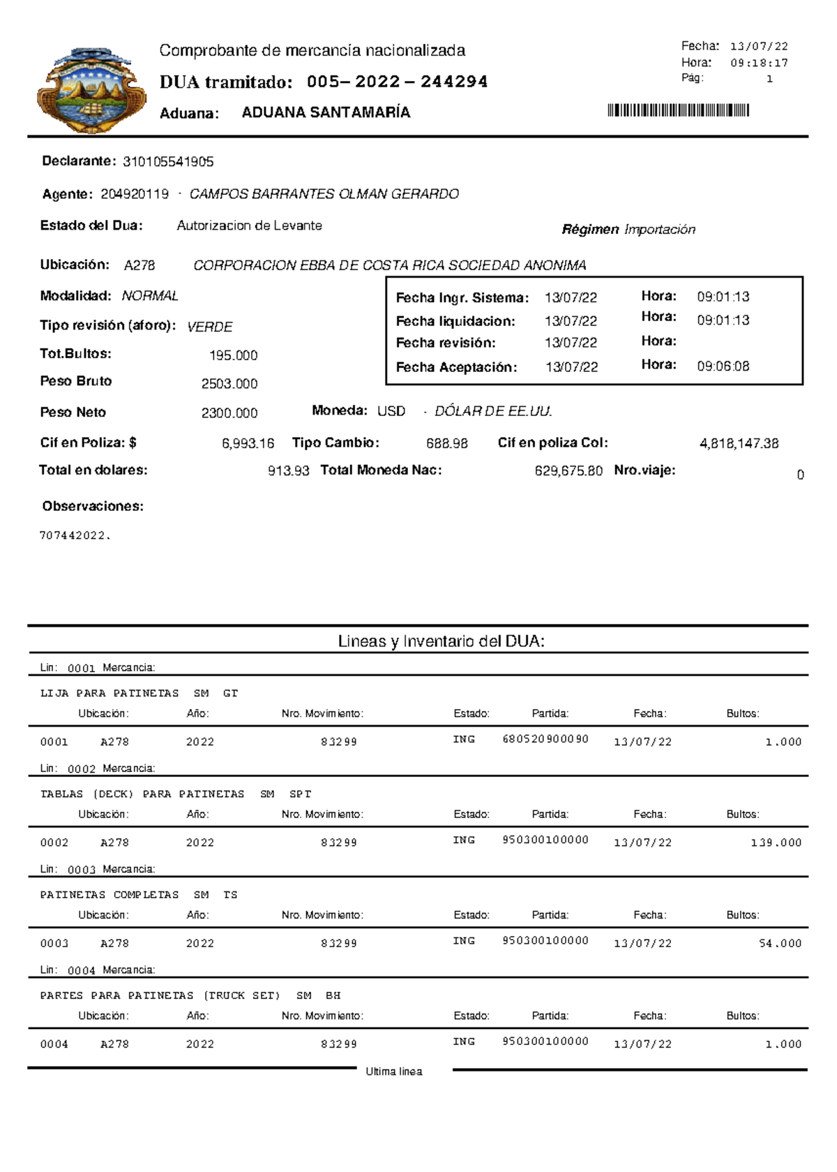 Dua - dya - Aduana: ADUANA SANTAMARÍA 0052022244294 13/07/ 09:18: 005 ...