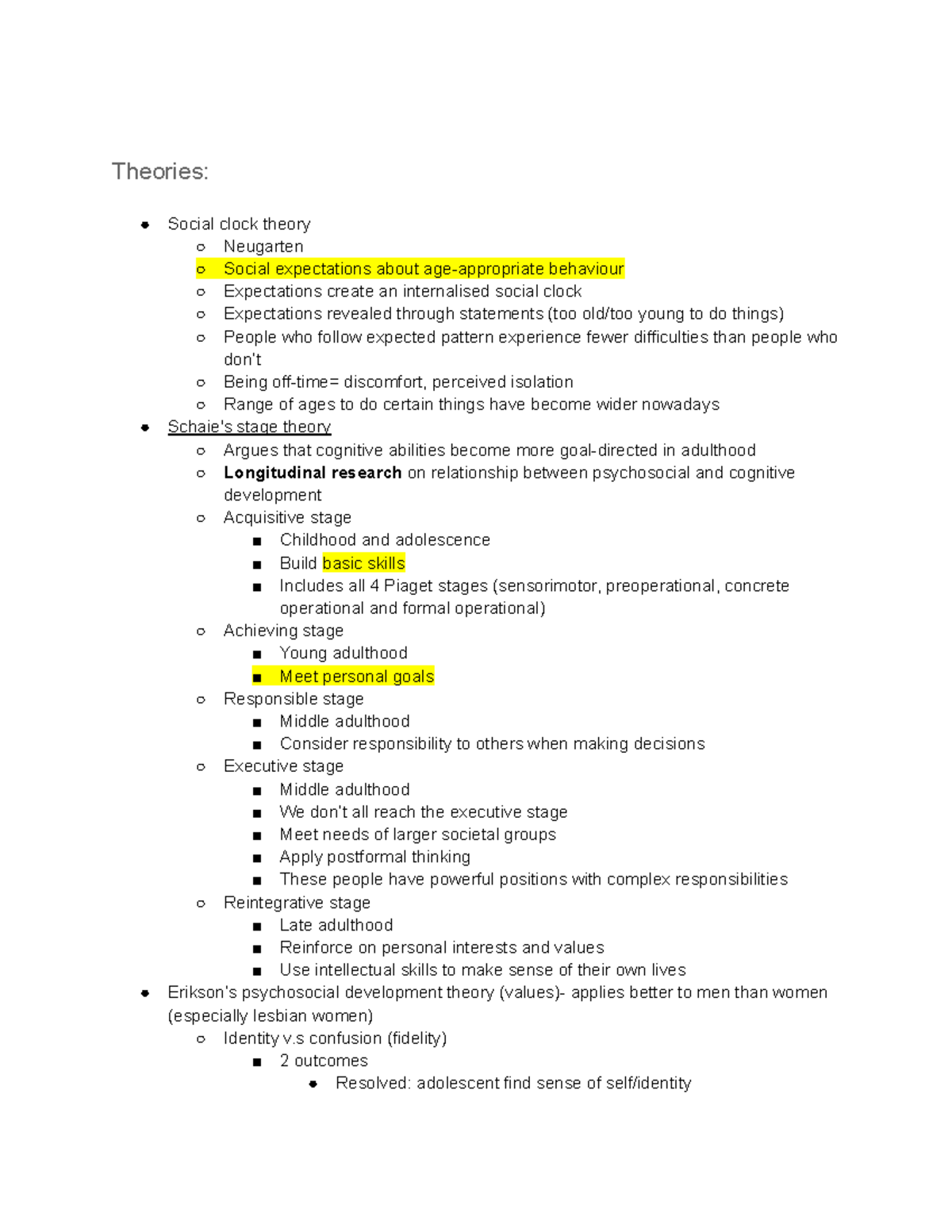 Dev psych sem 1 exam notes - Theories: Social clock theory Neugarten ...