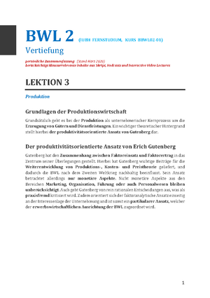 BWL 2 Zusammenfassung - BWL 2 – Zusammenfassung Lektion 1: Der ...