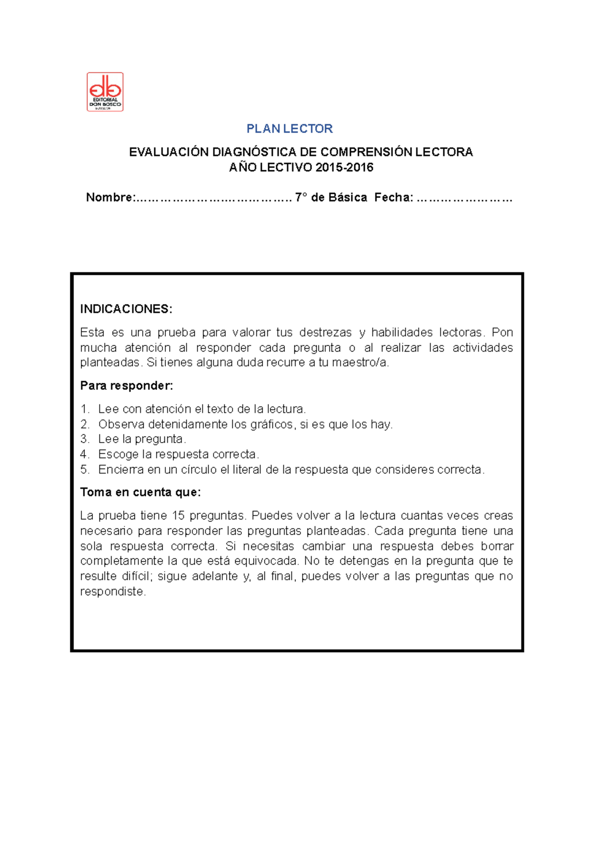 PRUEBA DE DIAGNOSTICO - PLAN LECTOR EVALUACIÓN DIAGNÓSTICA DE ...