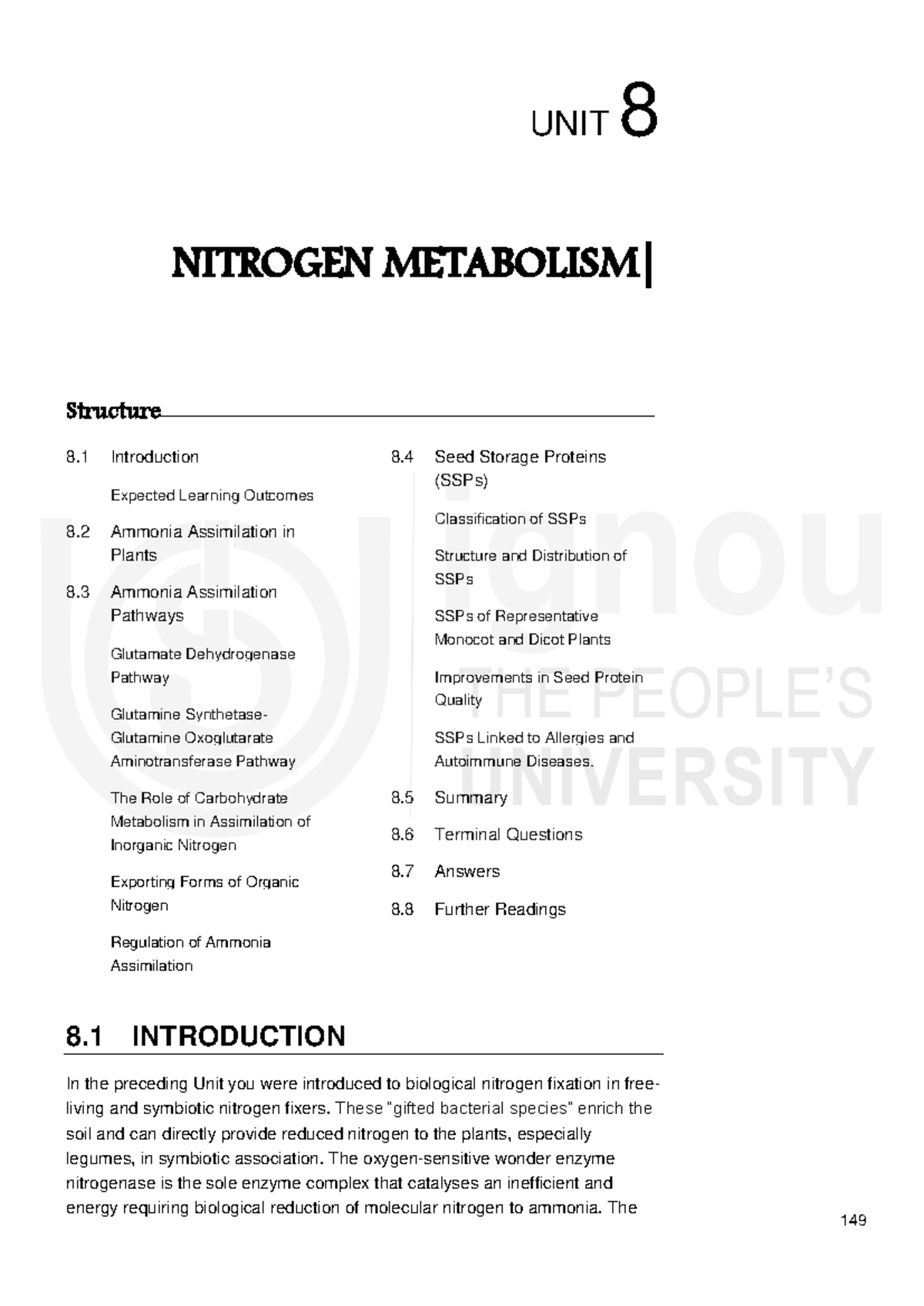 Pant bio3 - Unit 8 Nitrogen Metabolism UNIT 8 NITROGEN METABOLISM ...