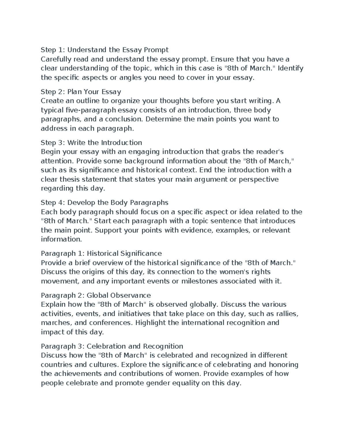 Essay on topic; March 8th - Step 1: Understand the Essay Prompt Carefully read and understand ...