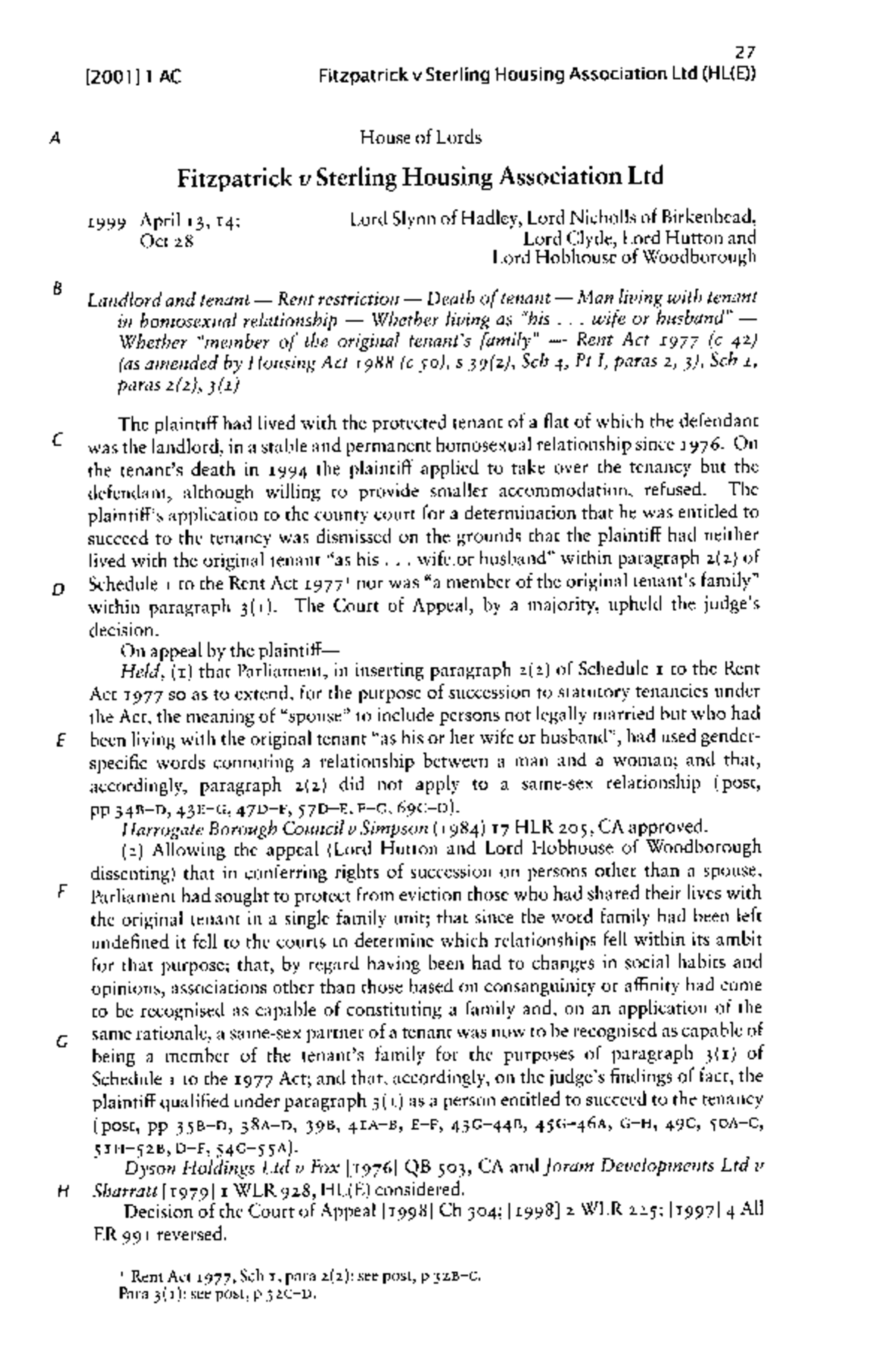 Fitzpatrick - Family law case - 27 1 AC Fitzpatrick V Sterling Housing ...